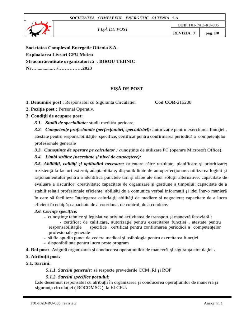 Fisa post finala-RSC-ELCFU-2023 | PDF