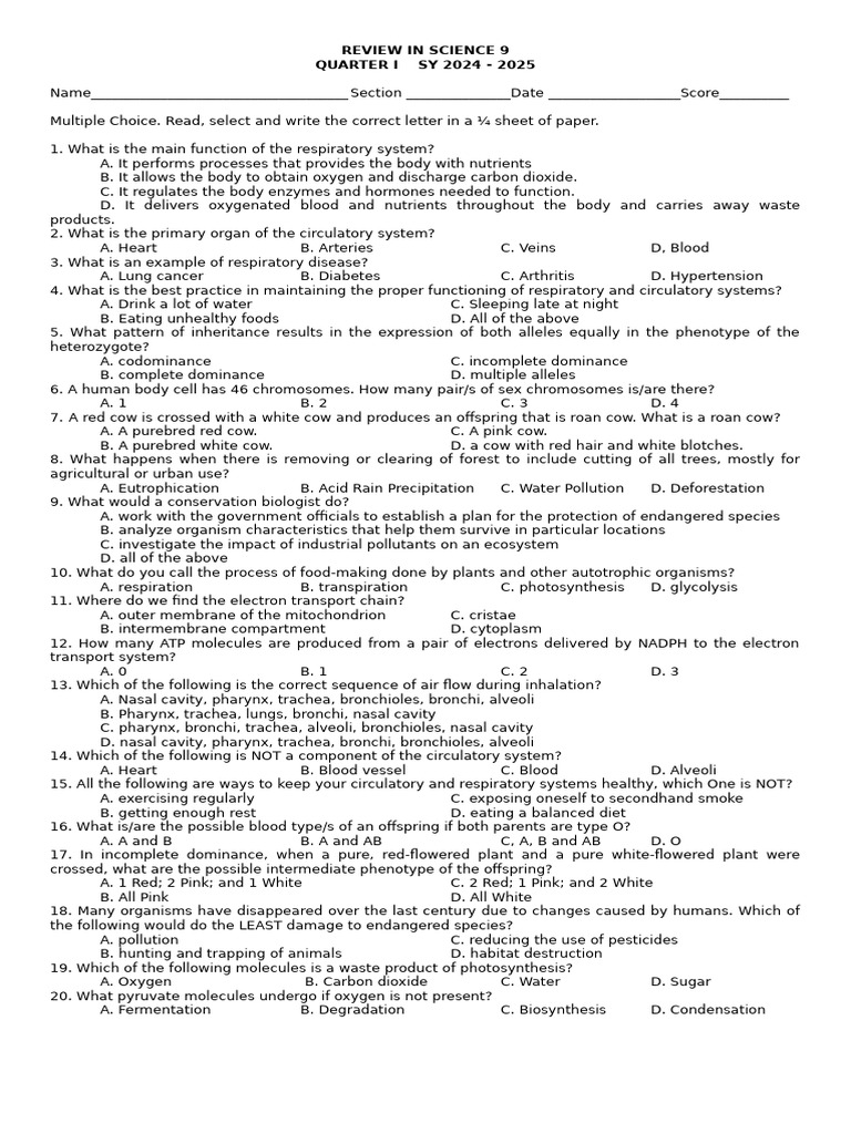 Review in Science 9 q1 | PDF