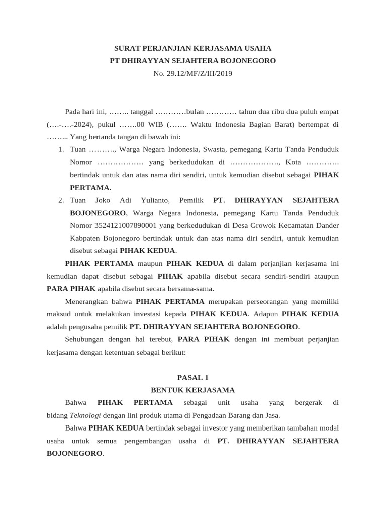 Surat Perjanjian Kerjasama Usaha Pdf