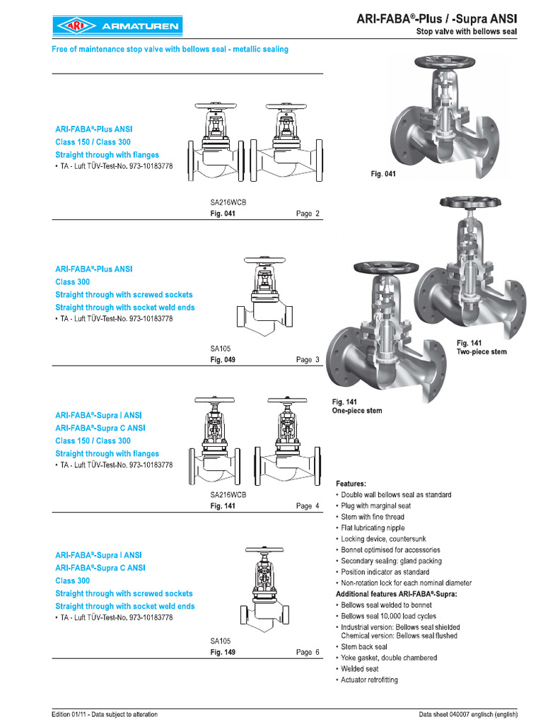 Bellow Seal Globe Valves, FABA Datasheet (32.041 & 35.041) | PDF
