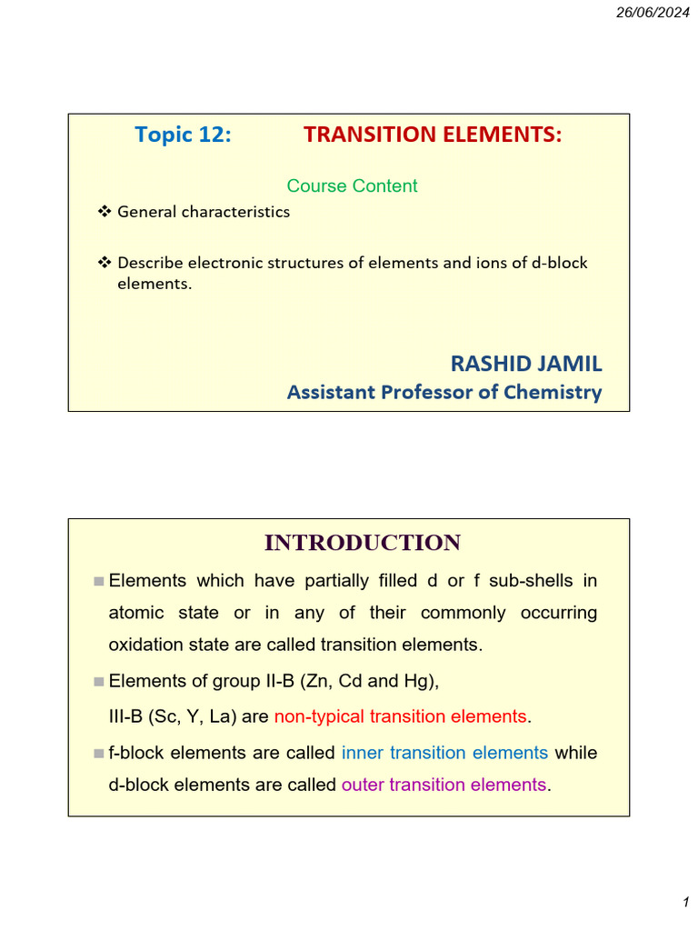 Topic 12 (Inorganic Chemistry) Transition Elements 2024 | PDF