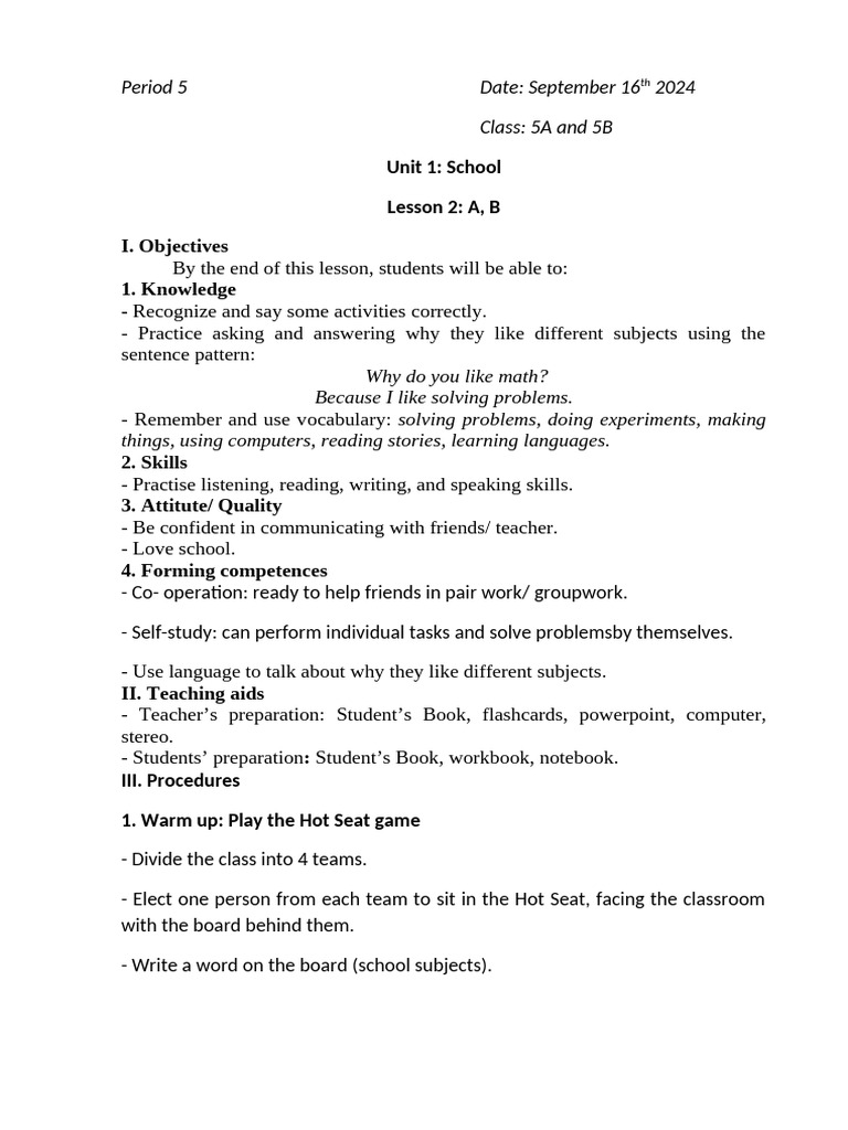 Unit 1: School Lesson 2: A, B: I. Objectives 1. Knowledge | PDF