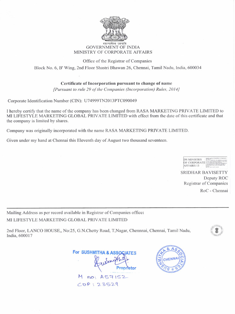 1.certificate of Incropation Mi Lifestyle | PDF