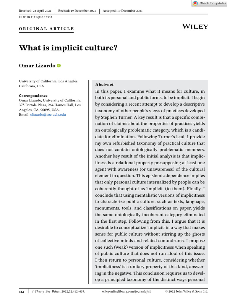 J Theory Soc Behav - 2022 - Lizardo - What is implicit culture | PDF