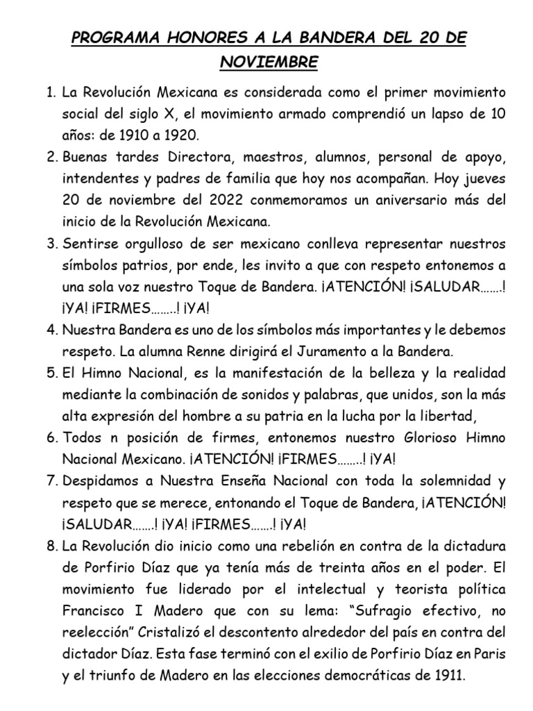 Programa Honores A La Bandera Del 20 de Noviembre | PDF
