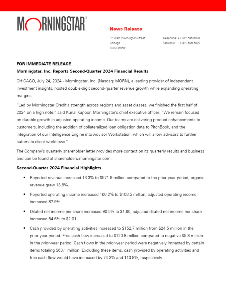 Morningstar Exhibit 99-1 Press-Release 06-30-2024 | PDF | Revenue ...