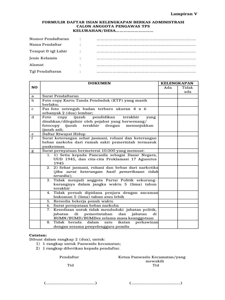 Formulir Daftar Isian Kelengkapan (Lampiran V) | PDF