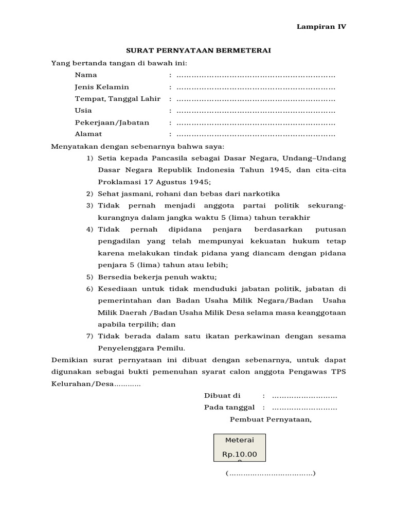 Surat Pernyataan Bermeterai (Lampiran IV) | PDF