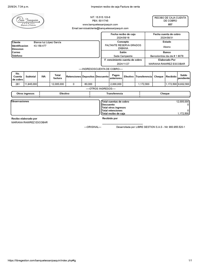 Recibo de Caja Faltante Reserva Grados Zabana | PDF | Bancario ...