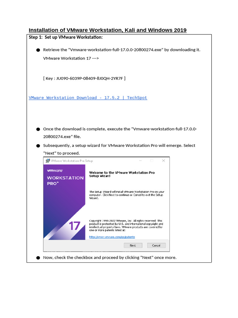 Document of installation VMware Workstation, Kali, Windows 2019 | PDF