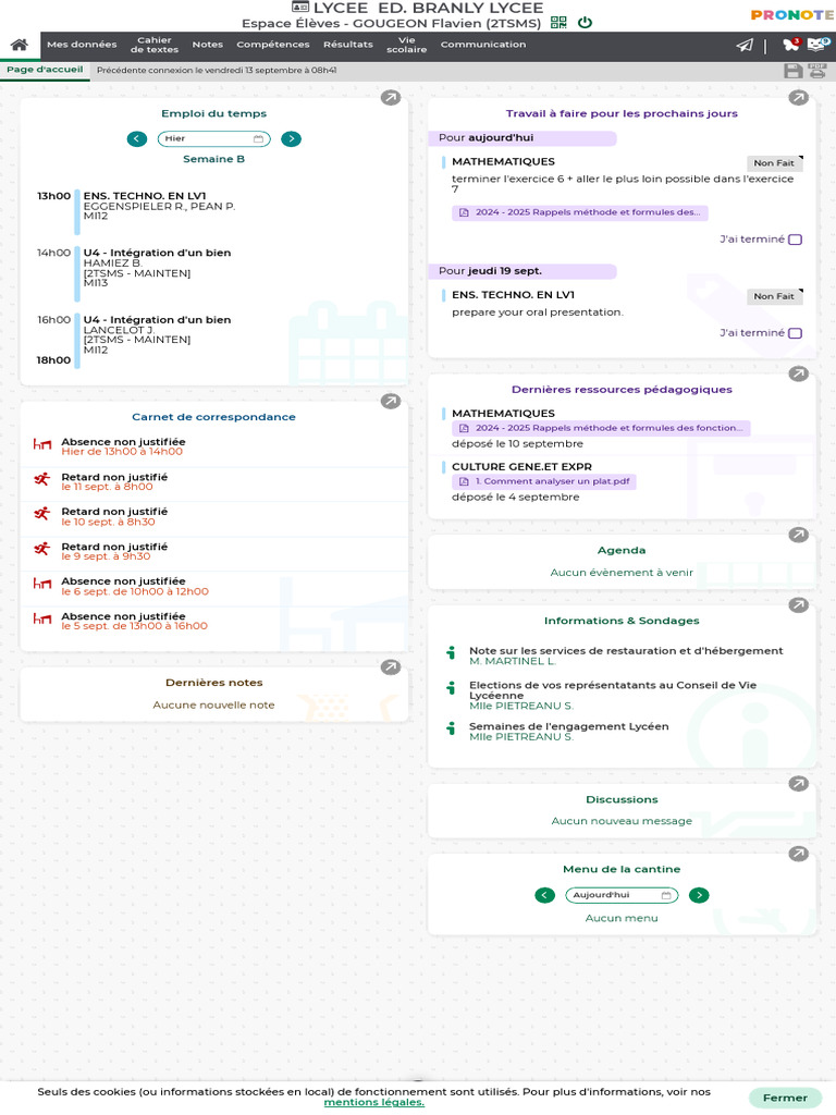 Page D'accueil - Espace Élèves - PRONOTE 2024.2.6.1 - LP E.BRANLY LYCEE PROFESSIONNEL | PDF