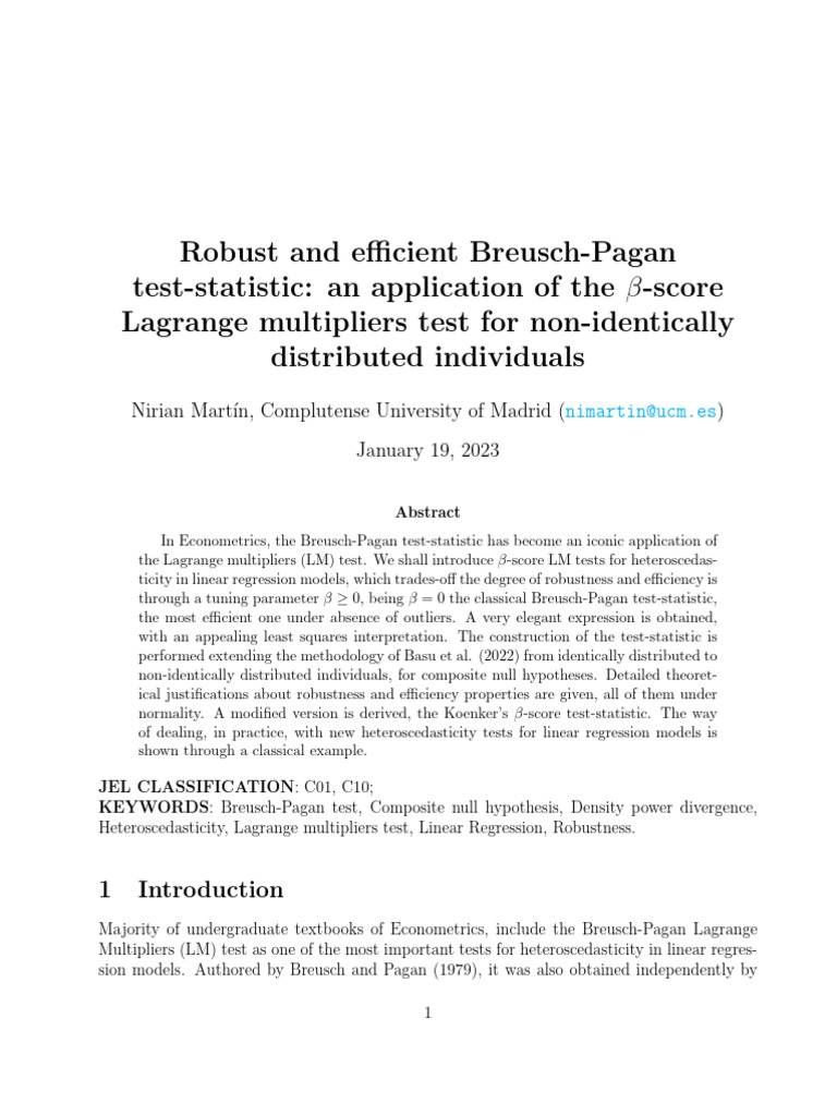 Robust and Efficient Breusch-Pagan Test-Statistic | PDF