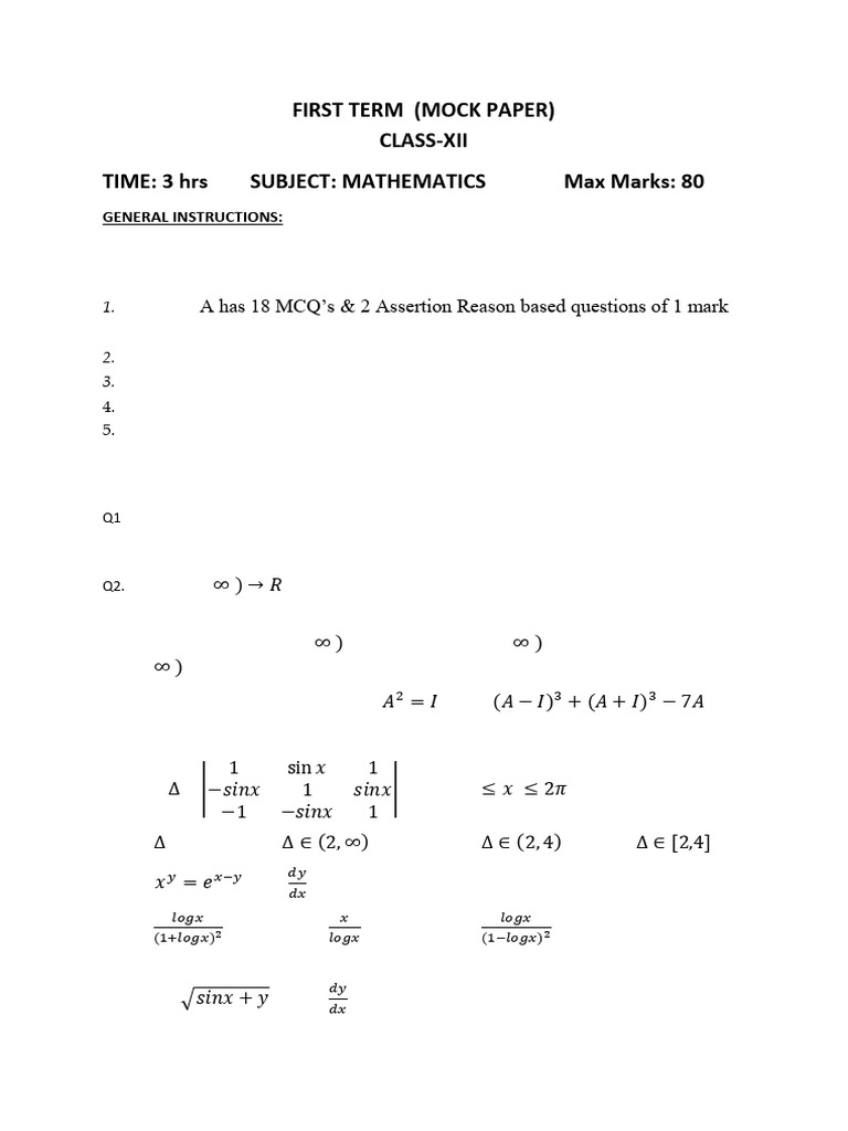 FIRST TERM MOCK EXAM -XII-MATHS-24-25 | PDF
