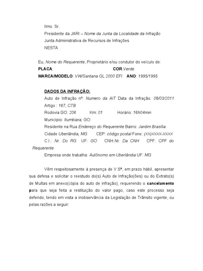 Modelo Recurso Multa | PDF | Carteira de Motorista | Tráfego