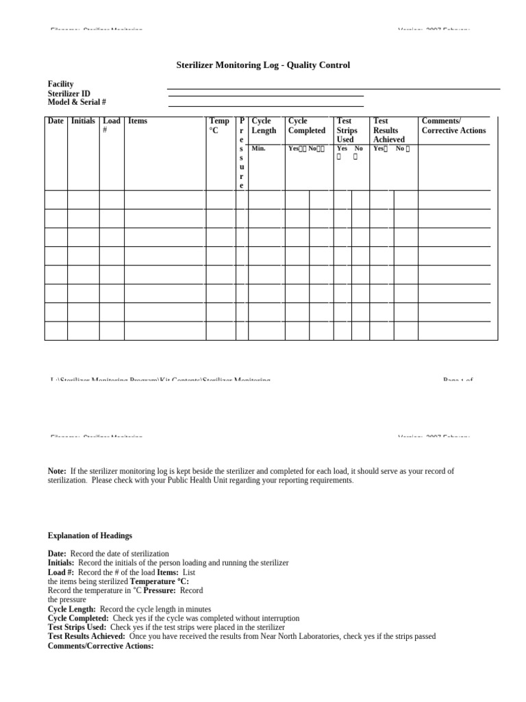 Sterilizer Monitoring Log | PDF