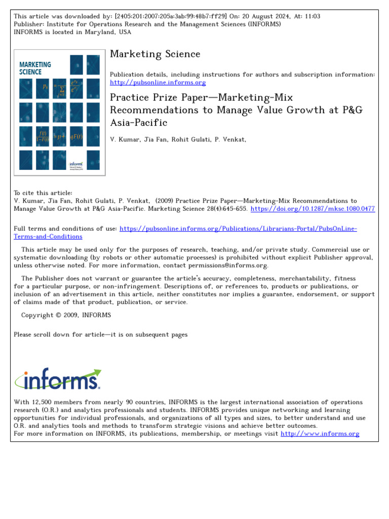 Kumar Et Al 2009 Practice Prize Paper Marketing Mix Recommendations To ...