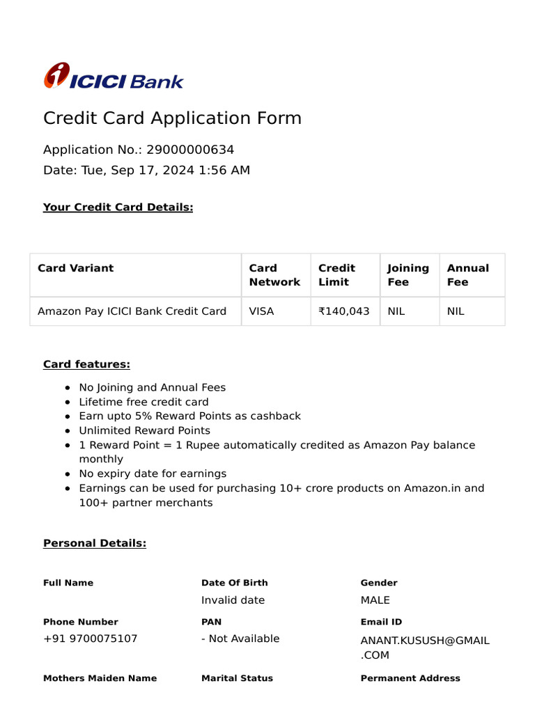 Amazon Pay ICICI Card Application | PDF | Credit Card | Personal ...