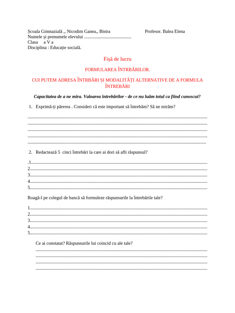 Fisa de Lucru Educatie Sociala | PDF