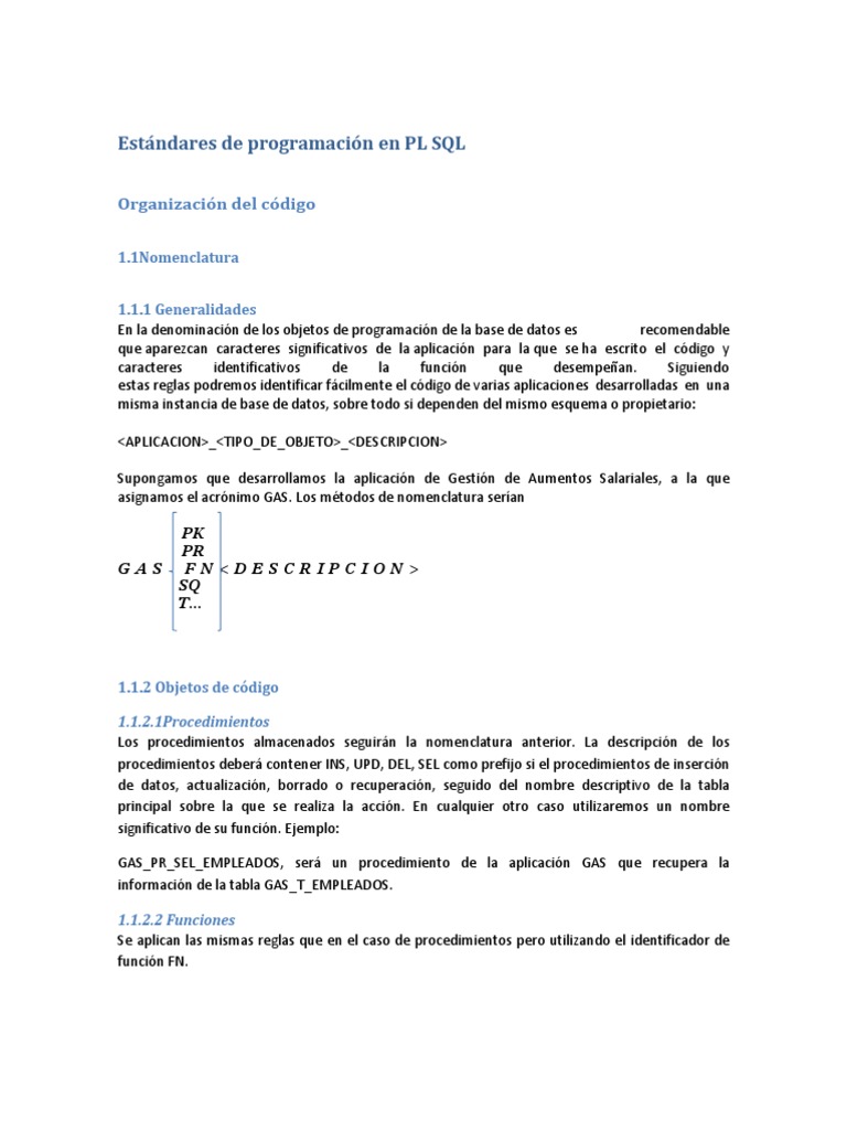 Estándares de Programación PLSQL | PDF | Tabla (base de datos) | Variable (informática)