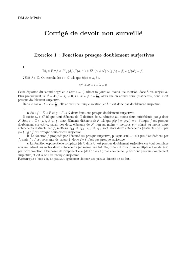 DM Fonctions Presque Doublement Surjectives Corrige | PDF