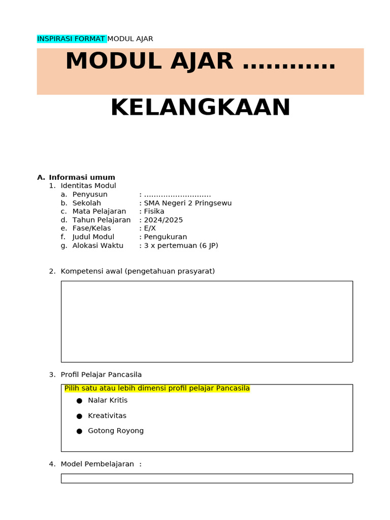 Contoh Format Modul Ajar | PDF