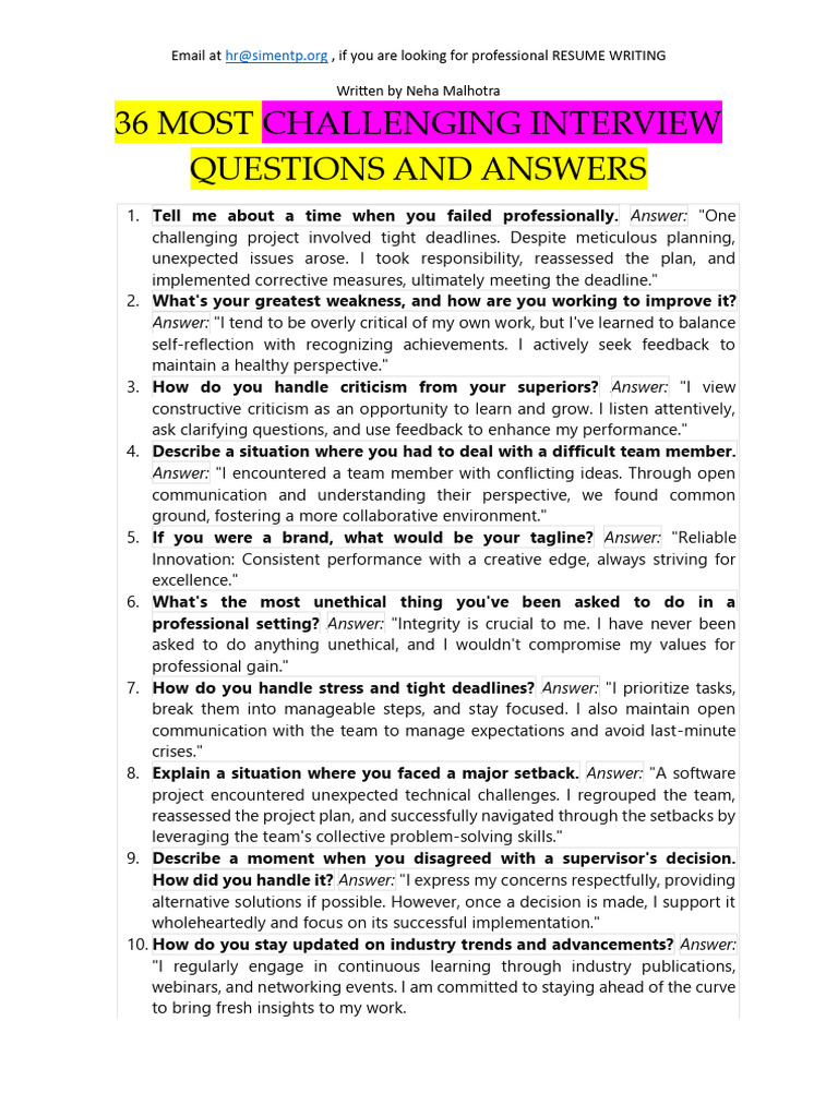 36 Most Challenging Interview Questions and Answers | PDF
