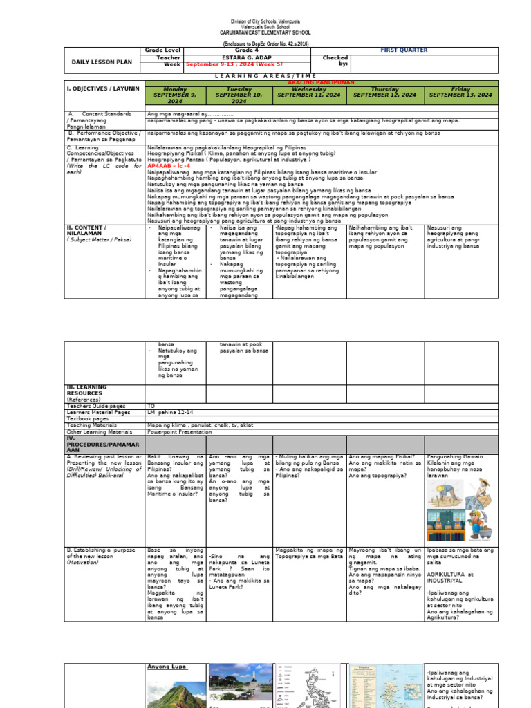 Grade Level Grade 4 Teacher Estara G. Adap Checked By: Week Learning ...