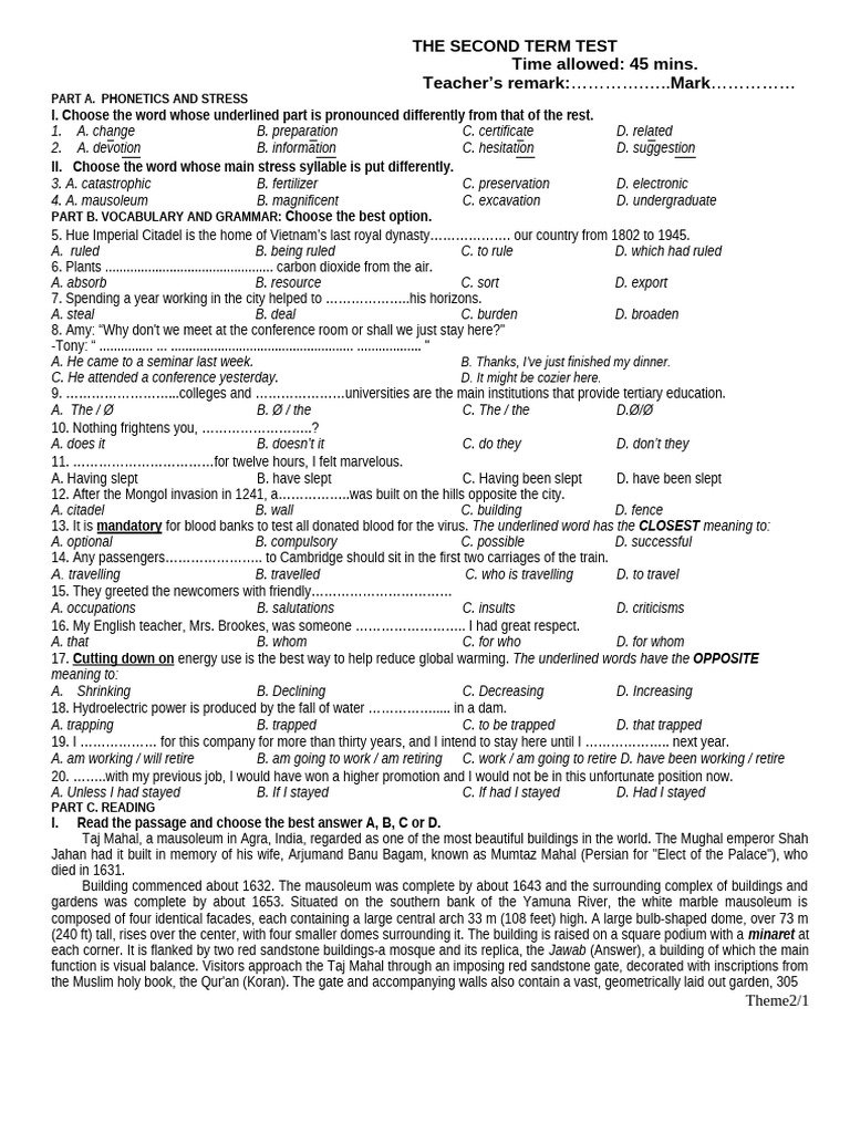 The Second Term Test 10 | PDF
