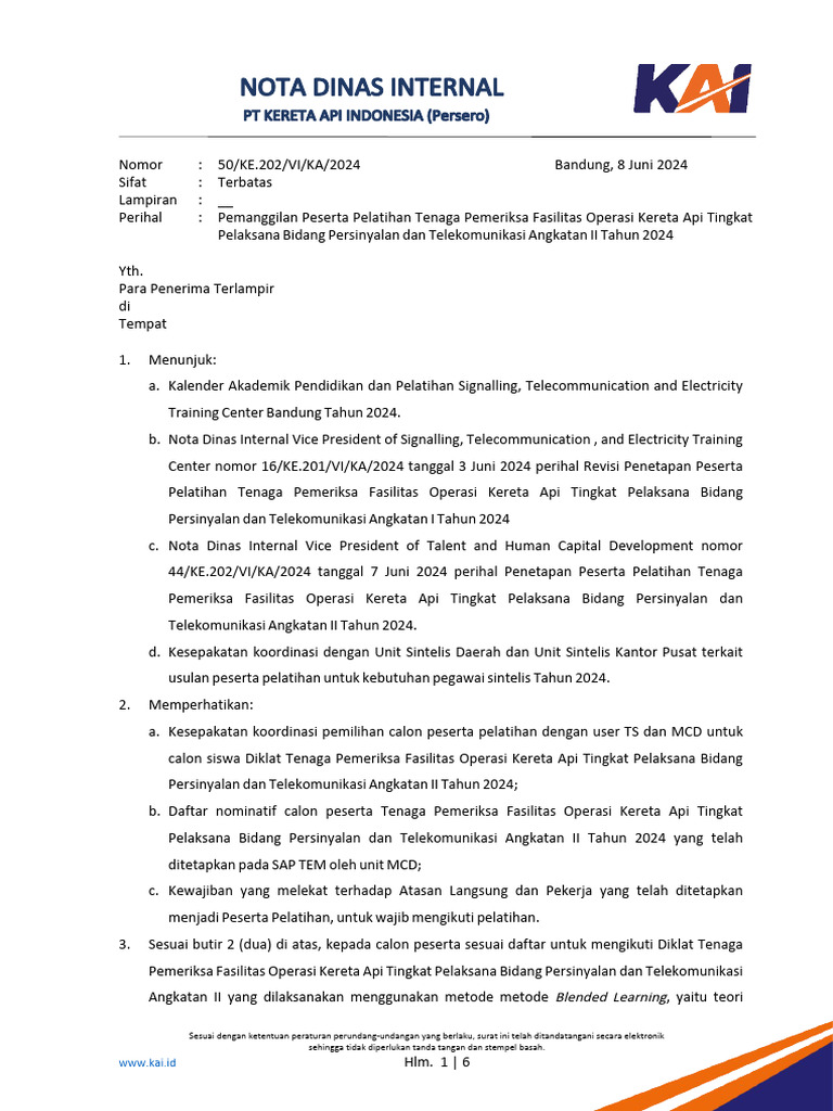 Nota Dinas Internal: PT Kereta Api Indonesia (Persero) | PDF