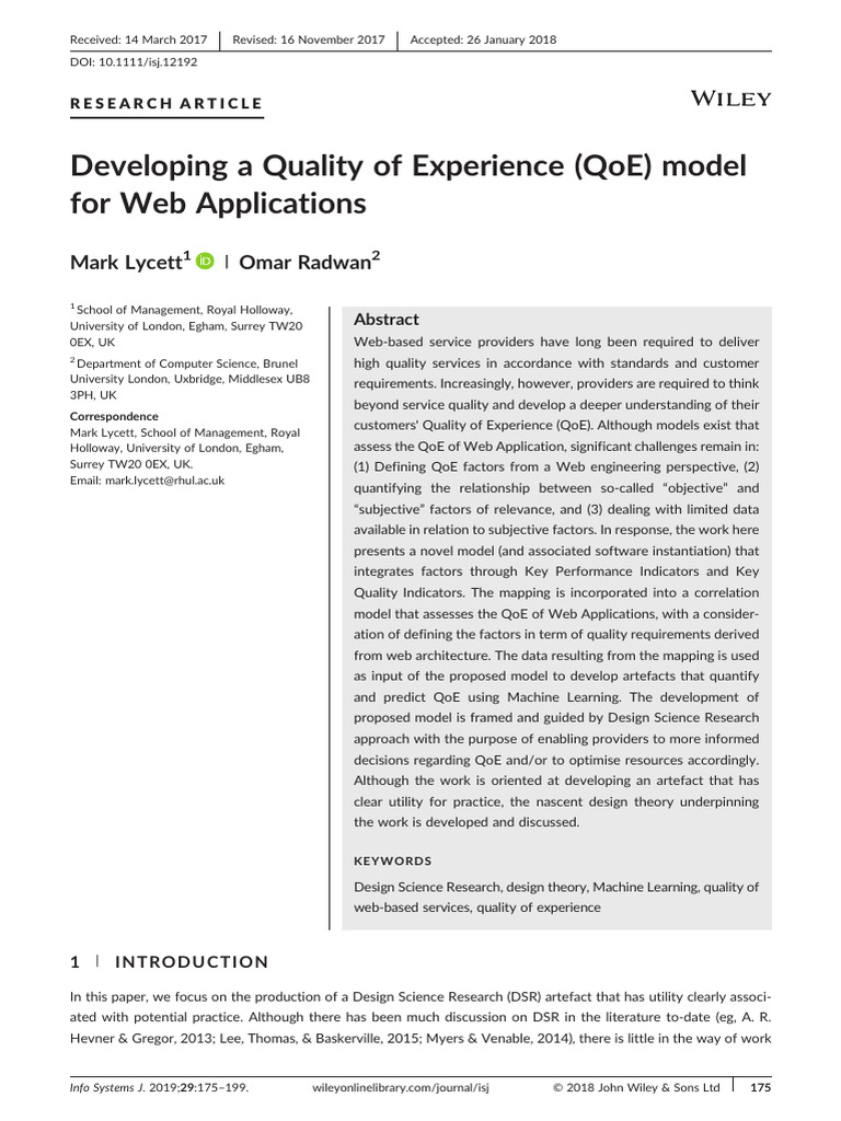 Information Systems Journal - 2018 - Lycett - Developing A Quality of ... Information Systems Journal - 2018 - Lycett - Developing A Quality of ...