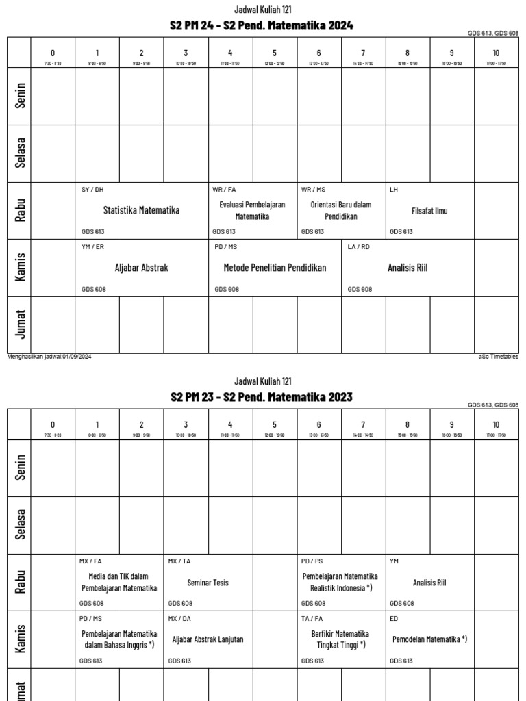 004 Final - Jadwal Kuliah 121 - Per Kelas | PDF