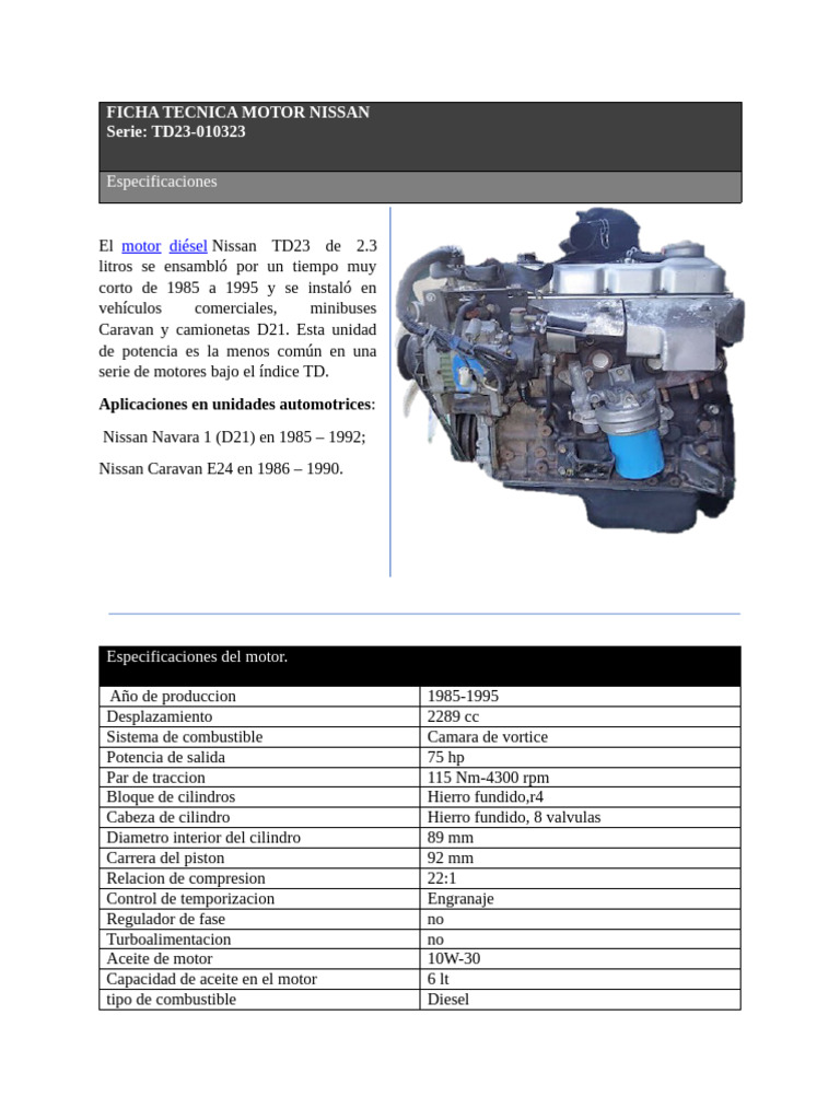 FICHA TECNICA MOTOR NISSAN td23 | PDF | Inyección de combustible ...