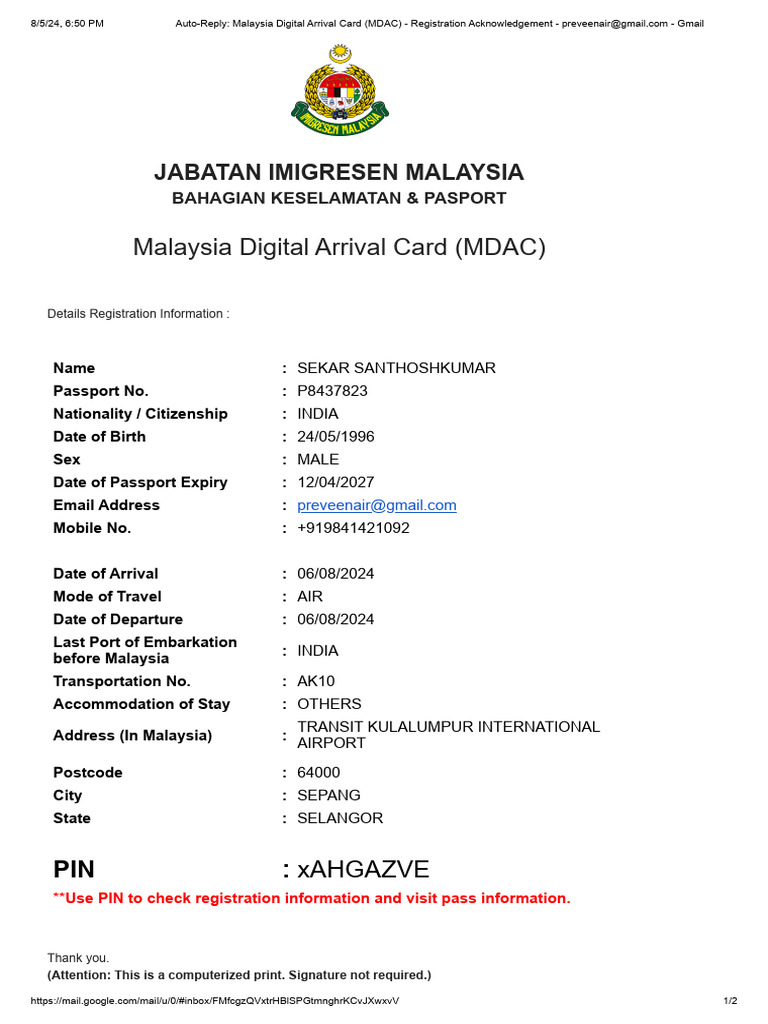 Auto-Reply - Malaysia Digital Arrival Card (MDAC) - Registration ...