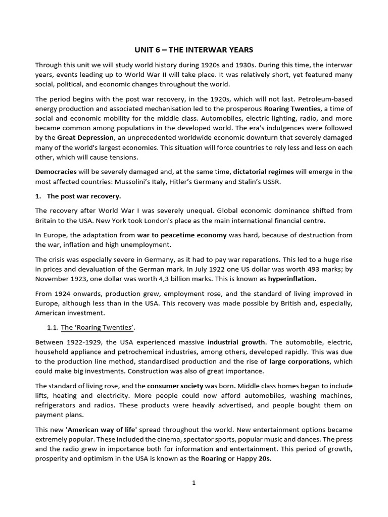 UNIT 6 - The Interwar Years | PDF