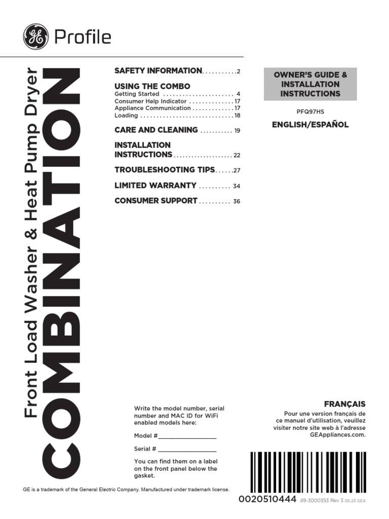 Ge Washer Combo User Manual | PDF