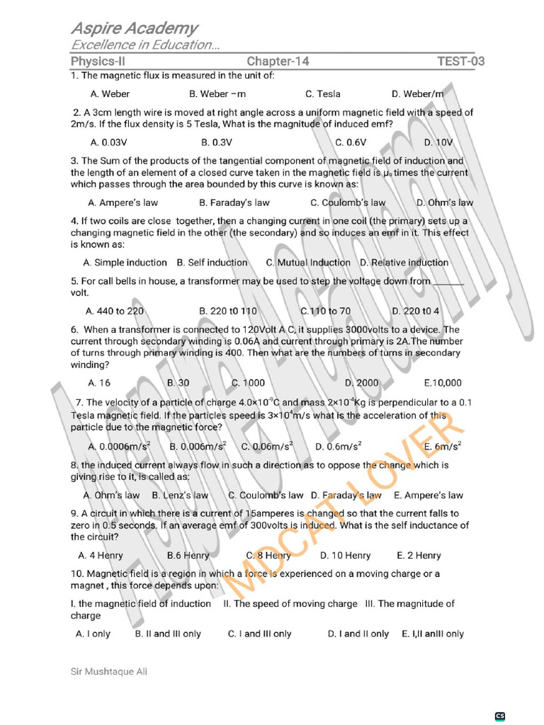 Electromagnetism MCQS Aspire | PDF