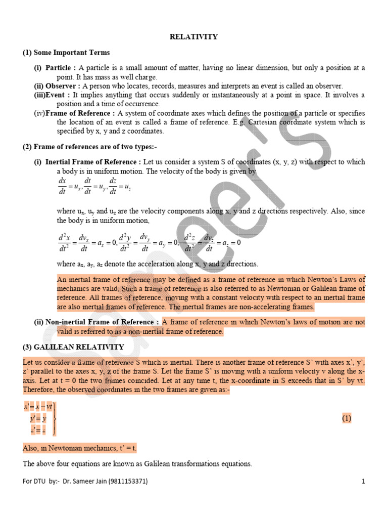 Relativity (1) Some Important Terms (I) Particle: (Ii) Observer: (Iii ...