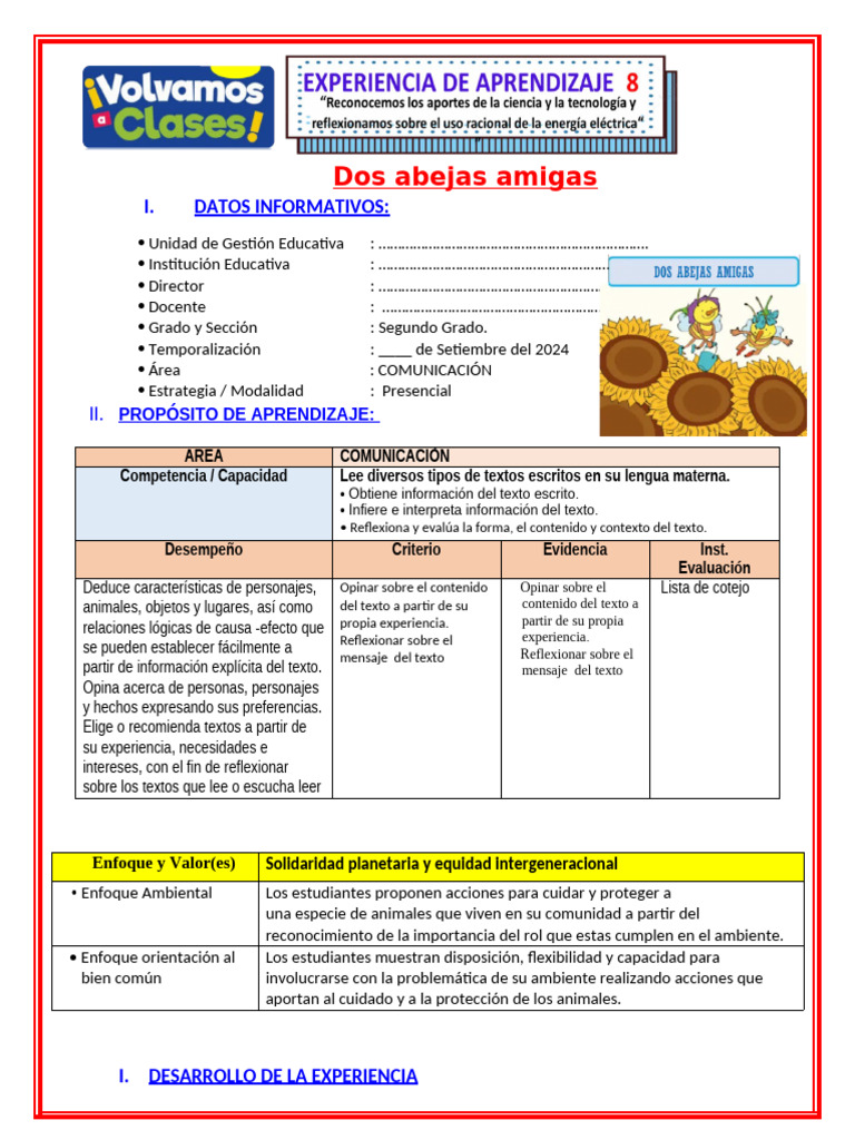 SESION DE PLAN LECTOR - DOS ABEJAS AMIGAS - 1ro-2024 | PDF