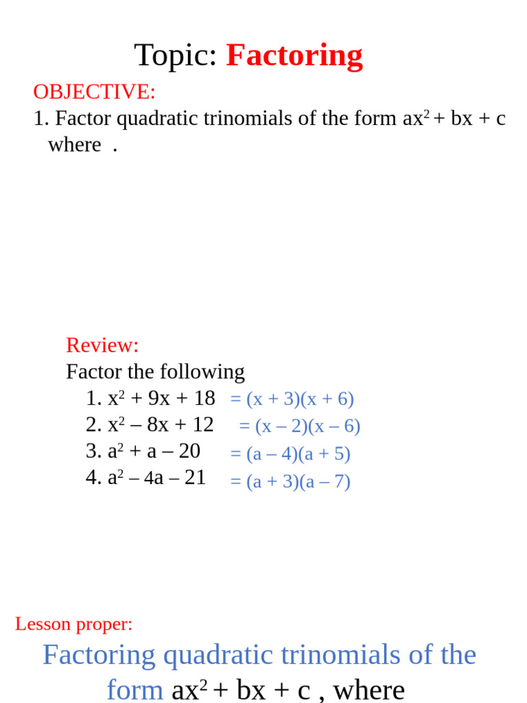 Factoring General Trinomial Where A Is Not Equal To 1 | PDF