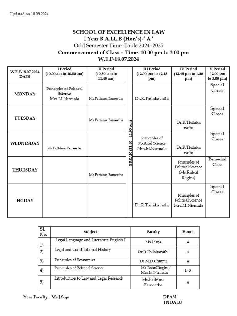 I-year 5yr Course 2024-25 Odd Sem Time Table 10.09.2024 | PDF