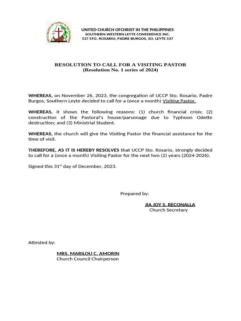 Resolution To Call For A Visiting Pastor | PDF