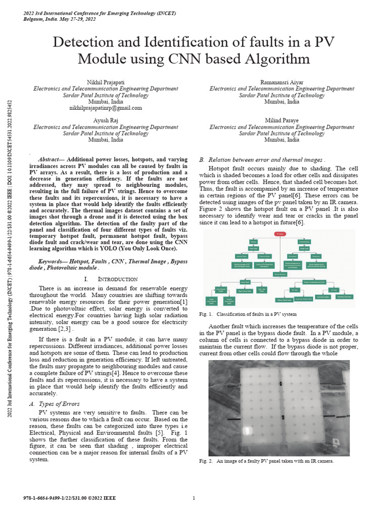 Detection and Identification of Faults in A PV Module Using CNN Based Algorithm | PDF