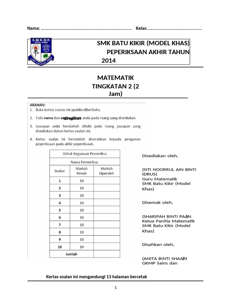 Ujian Akhir Tahun Matematik Tingkatan 2 Set3 | PDF