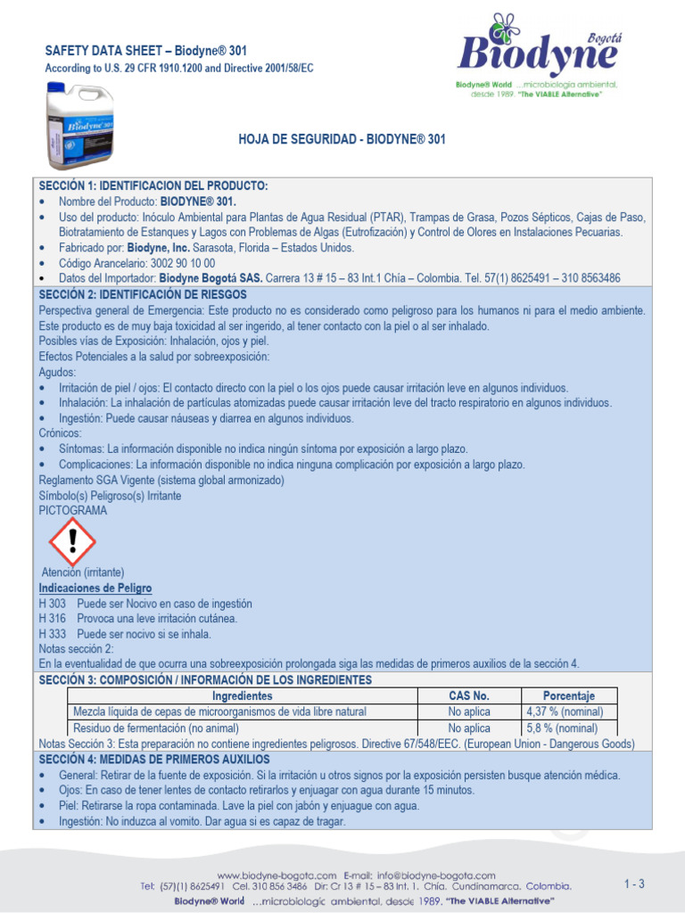 SDS - Biodyne - 301 | PDF | Occupational Safety And Health | Self ...