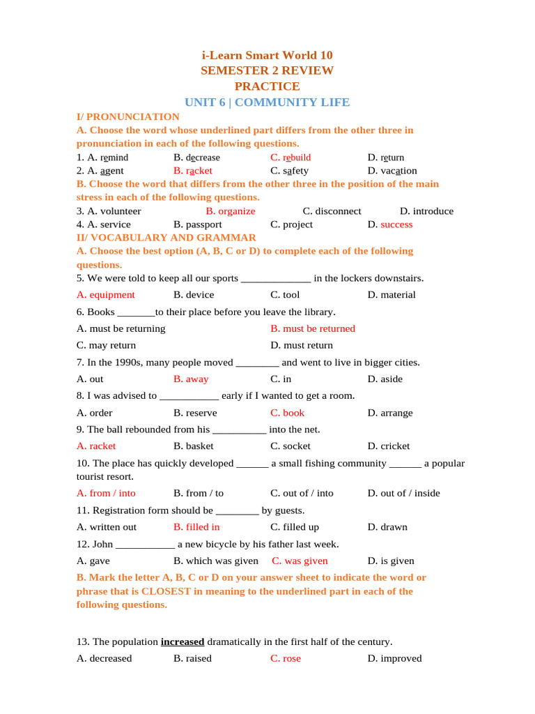 Unit 6 - Community Life: I-Learn Smart World 10 Semester 2 Review ...