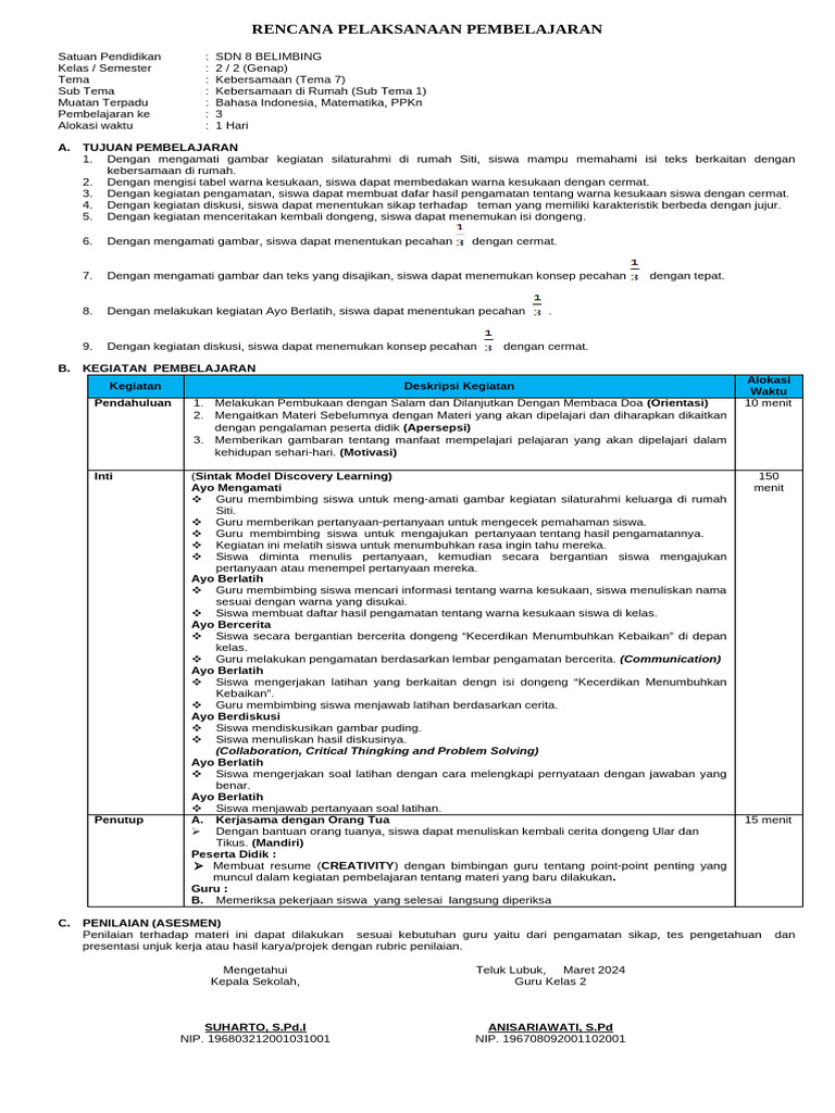 RPP Tema 7 Kelas 2 PB 2 | PDF
