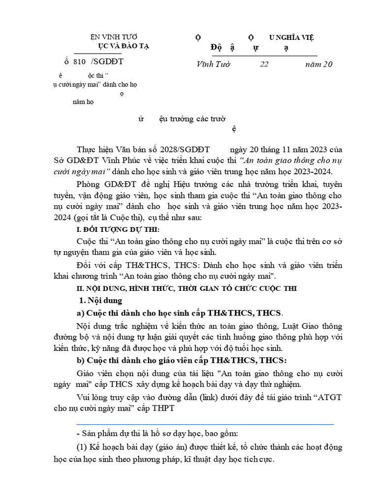 810 Ttien Khai Cuoc Thi Atgt Cho Nu Cuoi Ngay Mai Danh Cho Hs Va GV Trung Hoc NH 2023-2024 | PDF