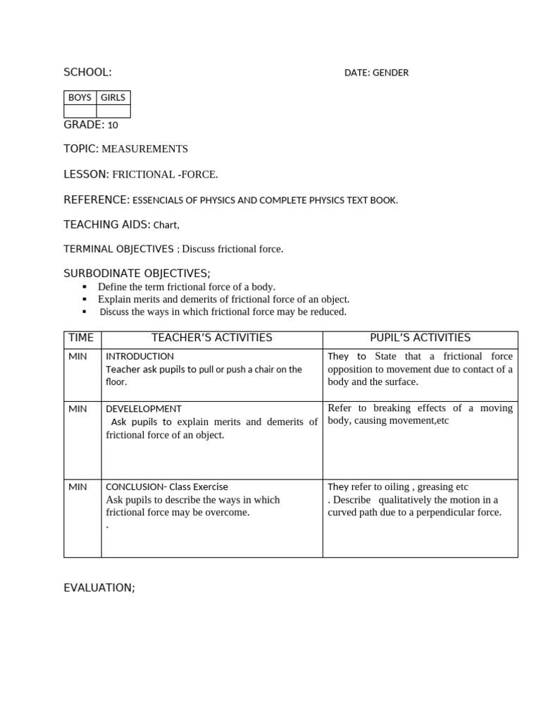 Grade 10 Physics Measurements - Frictional - Force Editable Lesson Plan ...