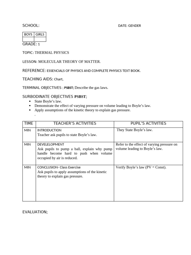 Grade 10 Physics Kinetic Theory of Matter - Molecular Theory of Matter 2 Editable Lesson Plan | PDF