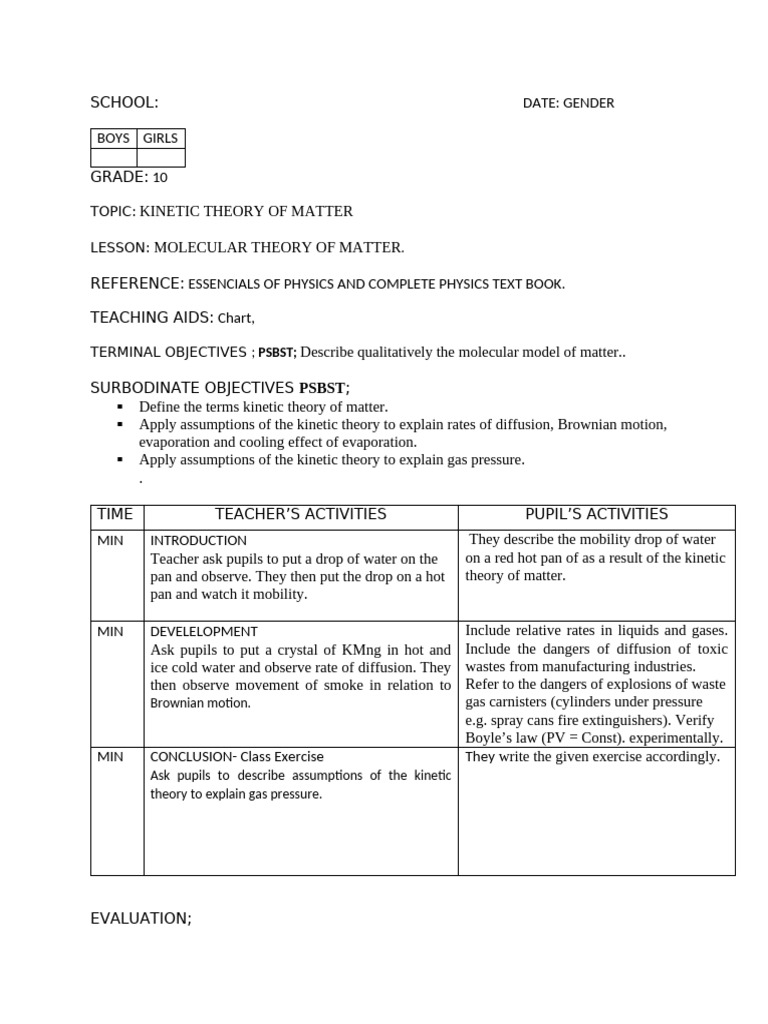 Kinetic Theory of Matter Lesson Plan | PDF